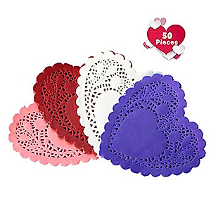 JOYIN 62 Pcs Valentines Day Heart Doilies Craft Gift Set with 50 Pcs Heart Paper Doilies, 12 Pcs Foam Hearts and 1 Bags of Glitter Foam Heart Stickers for Valentine's Day Party Tableware Decoration