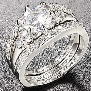 Jude Jewelers Platinum Plated Three-in-One Wedding Engagement Statement Proposal Valentines Halo Bridal Ring Set (Silver, 8)