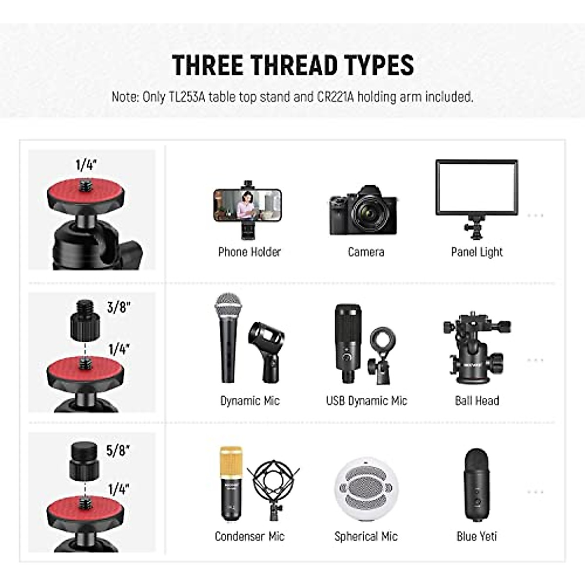 NEEWER Tabletop Camera Mount Stand with Flexible Arm, Overhead Height Adjustable Light Stand Mount with Table Mounting Clamp, Swiveling Ball Head for DSLR Camera, Phone, LED Light, Webcam and More