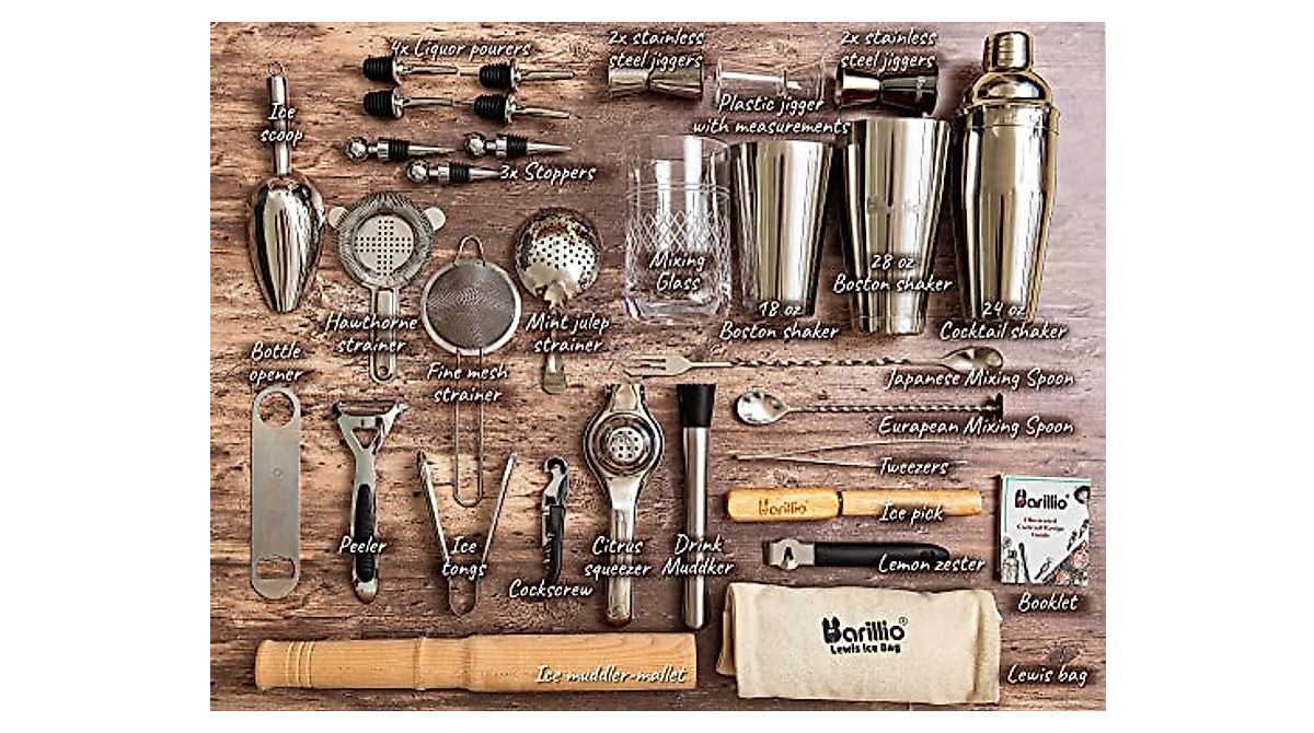 Cocktail Shaker Set Bartender Kit by BARILLIO: Complete Bar Tool Set ...