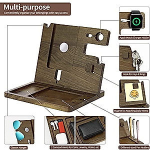 MoKo Walnut Nightstand Organizer for Men丨With Phone Charging Stand Wooden Phone Docking Station, Key Holder Watch Stand Widget Organizer丨Valentine's Gift for Dad Boyfriend Men, Black Walnut