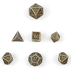 Yeking Metal DND Dice Set D&D, Brass DND Metal Dice with Metal Brass Box for Table Games Dungeons and Dragons D&D, Ancient Design Dice 7PCS of D20 D12 D10 D8 D6 D4 for Dungeons and Dragons TTRPG Games