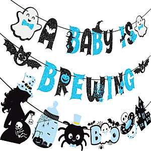 Halloween A Baby Is Brewing Banner Halloween Baby Shower Party Decorations 3pcs Blue and Black A Baby Is Brewing Banners for Boy Halloween Party Spooky Ghost Boo Theme Party Pumpkin Bat Witch Theme Baby Shower Supplies