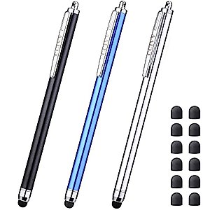 CCIVV 3 Pcs Stylus Pens for Touch Screens [0.24-inch Tip Series] + 12 Extra Replaceable Rubber Tips (Black/Silver/Dark Blue)