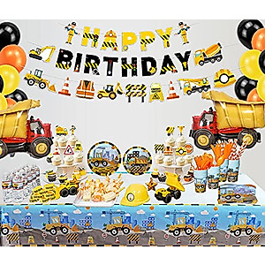 Construction Truck Party Supplies Tableware Set - Dump Truck Banner, Tablecover, Plate, Cups, Napkins, Balloons, Cake Toppers, Foil Balloon, for Party Decorations Kids Birthday Serves 20 Guests