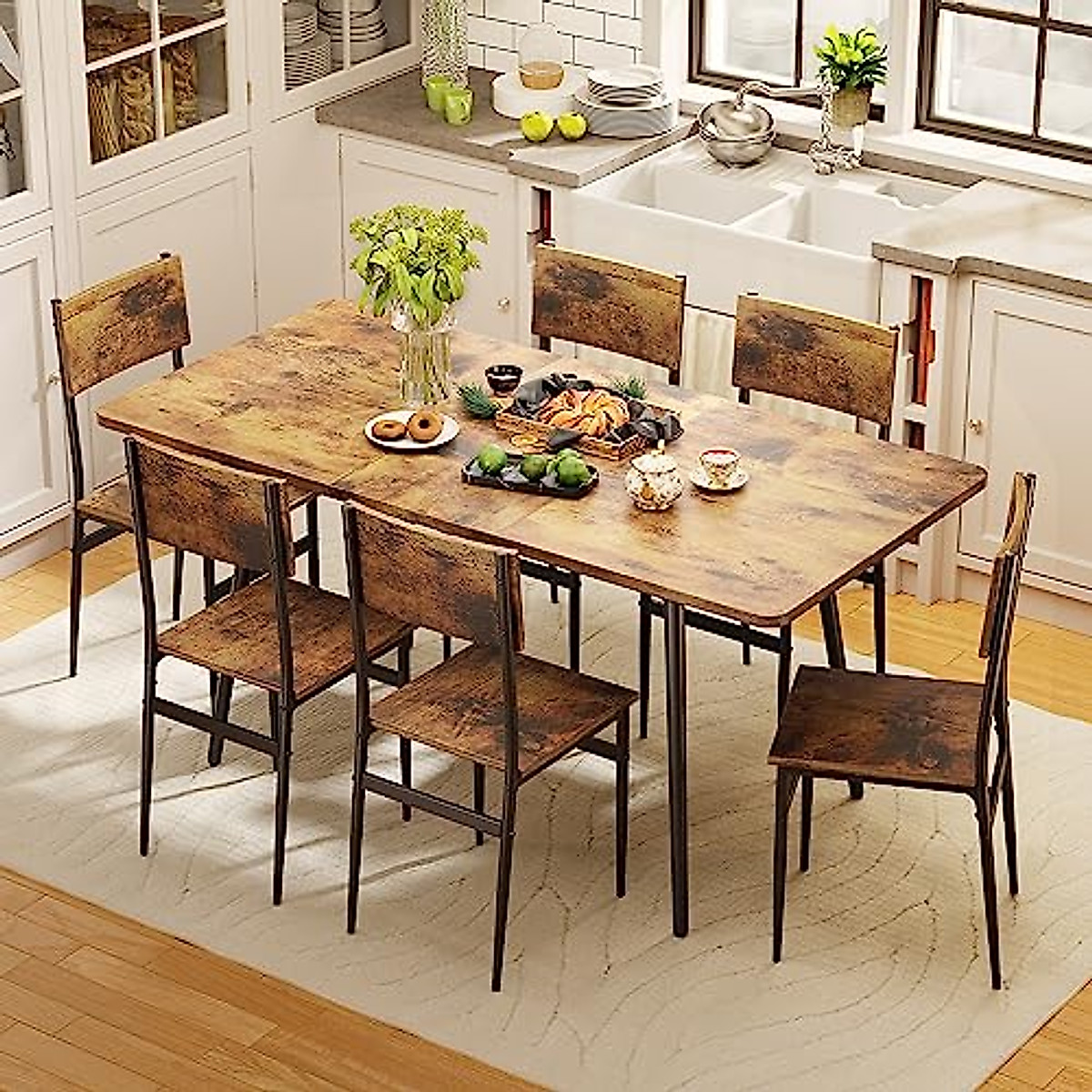Qsun 7-Piece 63" Dining Table Set for 4-6 People, Extendable Kitchen Table Set with 6 Chairs, Dining Room Table with Metal Frame and Solid MDF Wood Board for Kitchen, Rustic Brown
