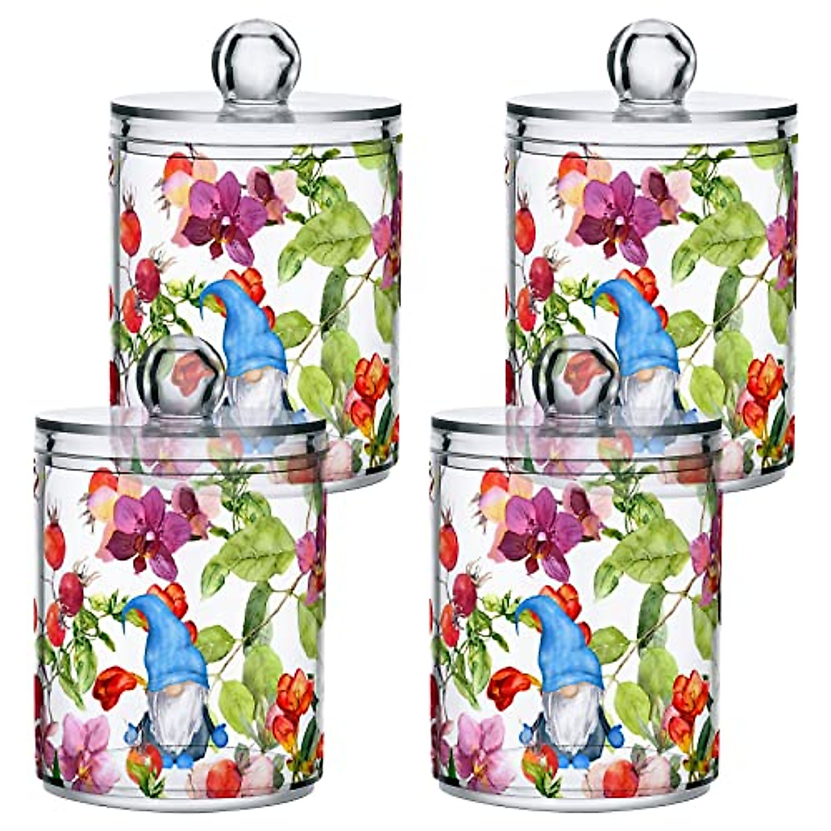 Kigai 2PCS Gnomes Flowers Qtip Holder Dispenser with Lids - 14 oz Bathroom Storage Organizer Set, Clear Apothecary Jars Food Storage Containers, for Tea, Coffee, Cotton Ball, Floss