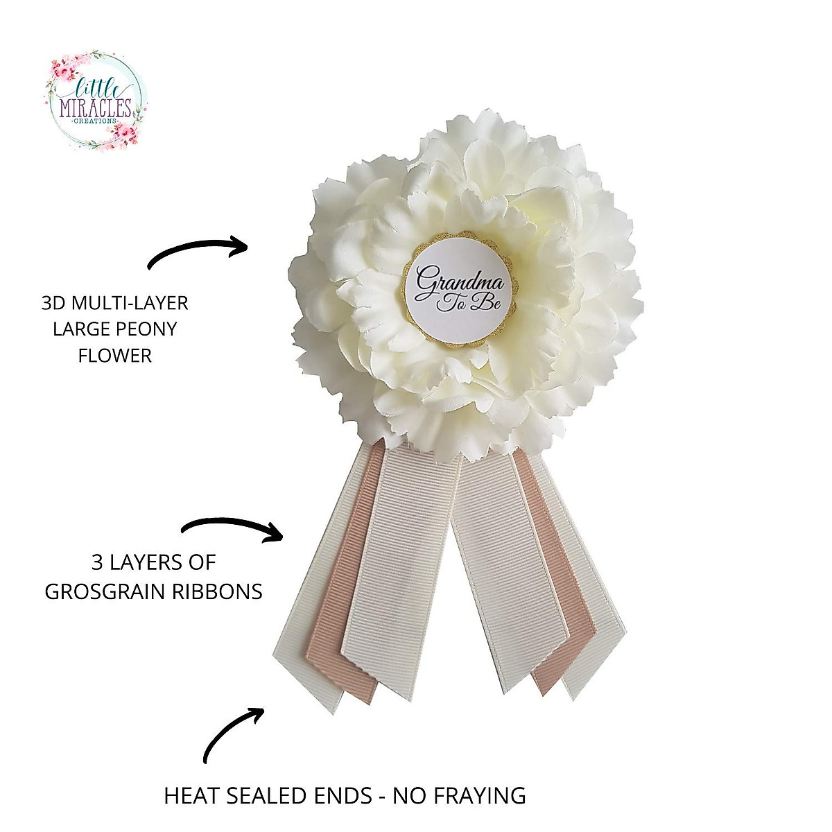 Mom To Be Sash and Dad To Be Pin By LMC | Baby Shower Belly Sash and Corsage | USA Handmade | Heat Sealed Ends | Ivory and Beige (Grandma to be pin)