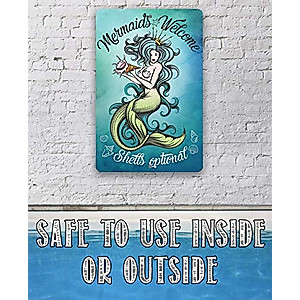 Metal Sign - Mermaids Welcome Shells Optional - Hanging Mermaid Wall Art Metal Sign - Use Indoor/Outdoor Your Home - Girl Mermaid Decor - Mermaid Room Decor For Girls Bedroom and Bathroom (8" x 12")