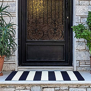 NANTA Navy Blue and White Striped Rug 27.5 x 43 Inches Cotton Machine Washable Indoor Outdoor Stripe Rug for Farmhouse Layered Door Mat