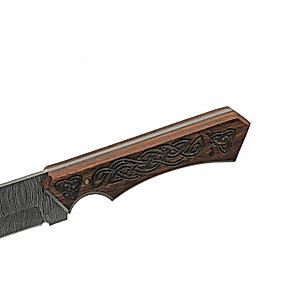 SZCO Supplies 12.25” Full Tang Celtic Handle Damascus Steel Reverse Tanto Seax Knife With Leather Sheath, Brown (DM-1300)