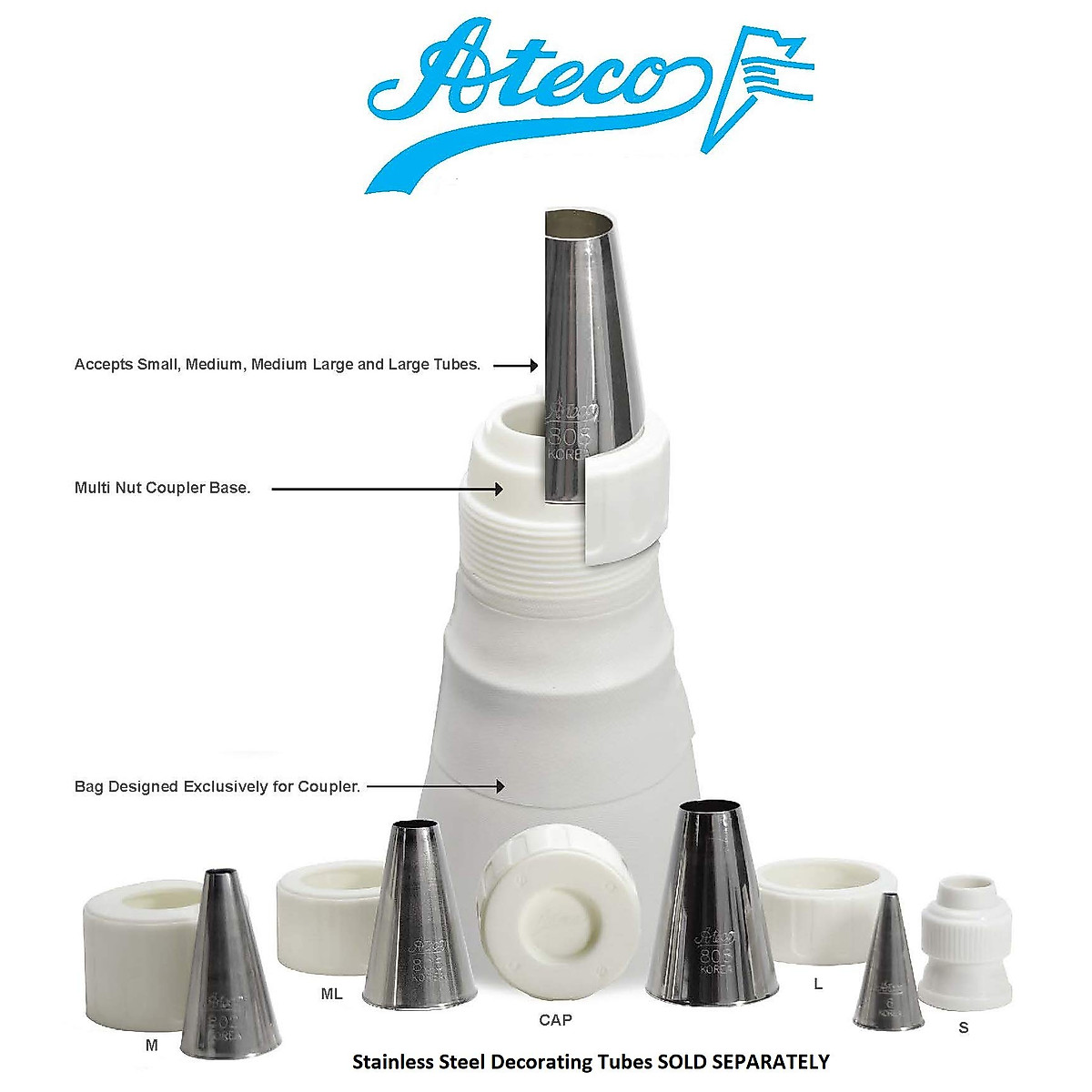 Ateco Universal Pastry Coupler and Cap Set | 7 Piece Set | Works with 250 Ateco decorating Tubes plus tips from other brands