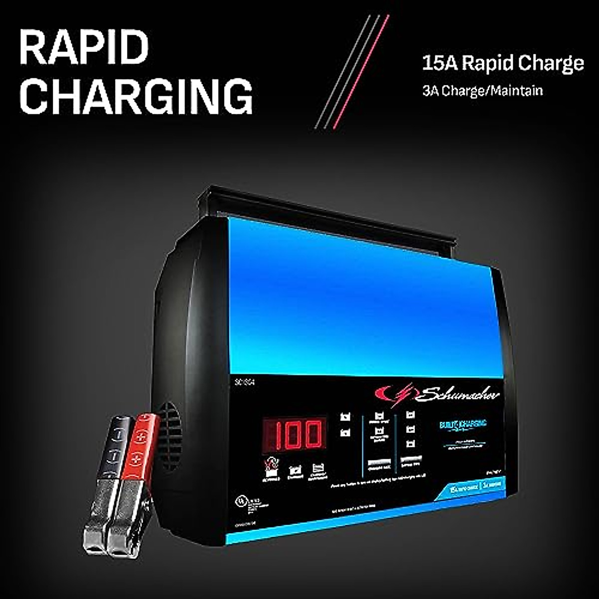 Schumacher Electric SC1304 Fully Automatic Rapid Battery Charger and Maintainer for Motorcycle, Power Sport, Boat, Car, and Truck Batteries, 15 Amps, 6 Volt, 12 Volt, Blue, Black, 1 Unit