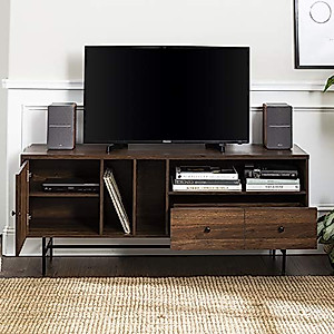 Walker Edison Modern Wood TV Stand with Record Storage for TV's up to 65" Flat Screen Universal TV Console Living Room Storage Cabinet Doors Shelves Entertainment Center, 60 Inch, Dark Walnut