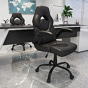 Home Office Chair, Ergonomic Computer Chairs with Flip-up Armrests, PU Leather Swivel Rolling Task Desk Chair, High Back Managerial Executive Chairs, Black…