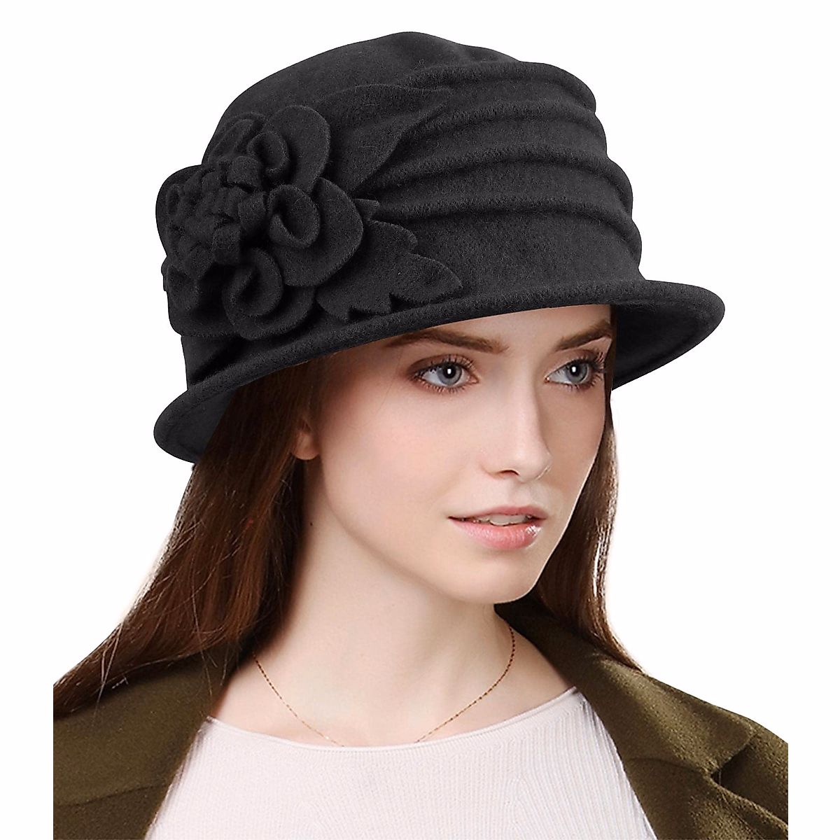 Sumolux Women Beret Hat French Vintage Floral Wool Dress Cloche Classic Winter Hat 1920s A Black