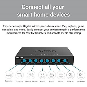 D-Link Ethernet Switch, 8 Port Gigabit Unmanaged Desktop Plug and Play Sturdy Metal Housing Fanless Design EEE Brown Box (DGS-108GL)