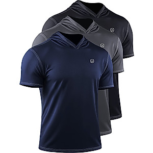 NELEUS Men's 3 Pack Running Shirt Mesh Athletic Shirts with Hoods,5118,Black/Grey/Navy Blue,L
