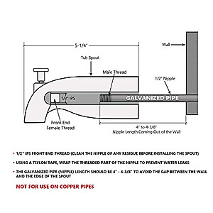Tub Spout with Front Diverter, 1/2 inch IPS Female Front End Thread, 5-1/4 inch Overall Length, for 4 inch to 4-3/8 inch Length Galvanized Pipe Nipple, Polished Chrome Finish