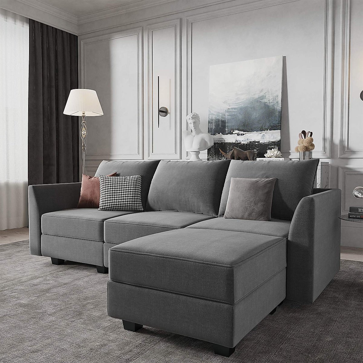 HONBAY Convertible Modular Sectional Sofa L-Shape Sectional Couch with Reversible Chaise Modular Sofa with Storage Seats, Grey