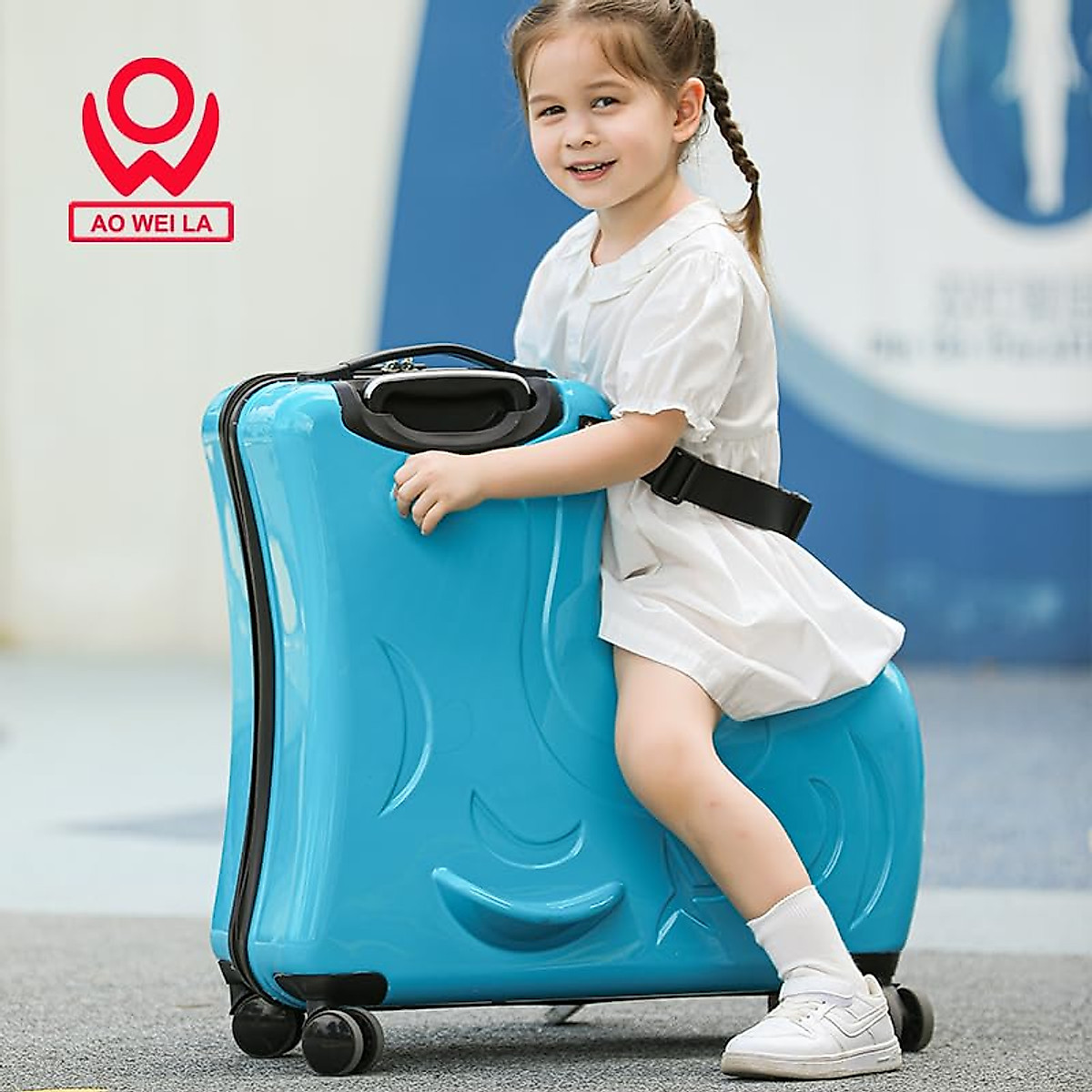 N-A AO WEI LA OW Duffel Bag for Kids Ride-On Suitcase Carry-On Luggage with Wheels (Blue, 24 Inch(suggest 6-12 years old))