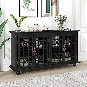 P PURLOVE 60" Long Wood Storage Cabinet with Adjustable Height Shelves,Sideboard Table Cabinet with Metal Handles and 4 Doors for Living Room, Bedroom, and Hallway,Black