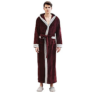 Hellomamma Mens Long Robes with Hood Full Length Hooded Bathrobe Fleece Plush Fluffy Housecoat Nightgown Wine Red