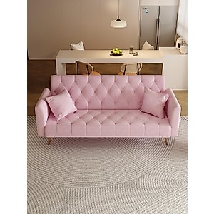 TZXTW Comfy Loveseat with Adjustable backrest,Convertible Sleeper Sofa Bed with Gold Leg and 2 Pillows,Upholstered Futon Sofa,Small Couches for Small Spaces,Living Room,Bedroom,Apartment,Office,Pink