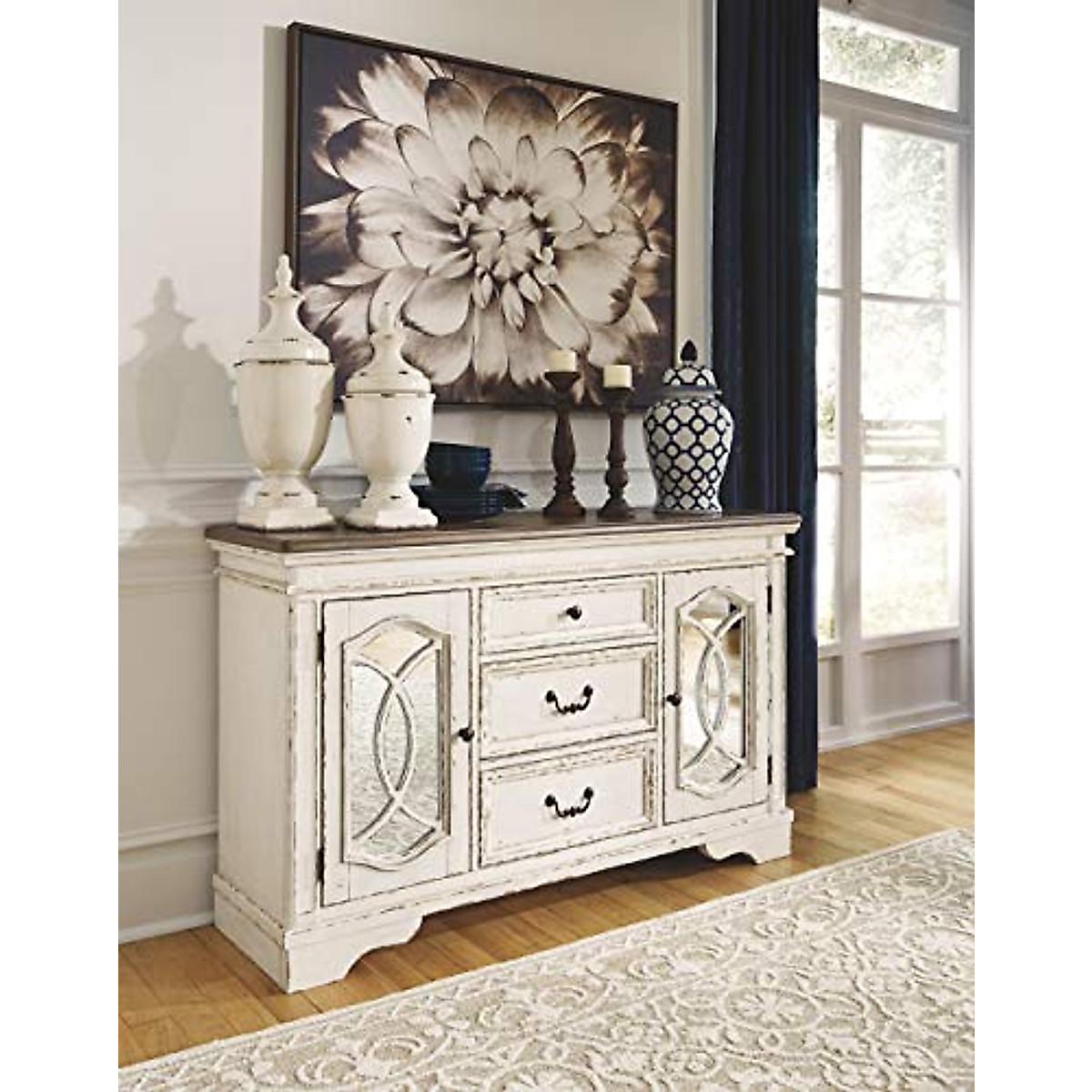 Signature Design by Ashley Realyn French Country Distressed -Dining Room Buffet or Server, Chipped White