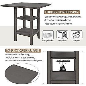 FANYE 5-Piece Counter Height Kitchen & Dining Room Dinette Furniture Sets Include Wooden Square Table with Bottom Storage Shelves and 4 Upholstered Back Chairs for 4 Persons Family Meal,Gray, Grey