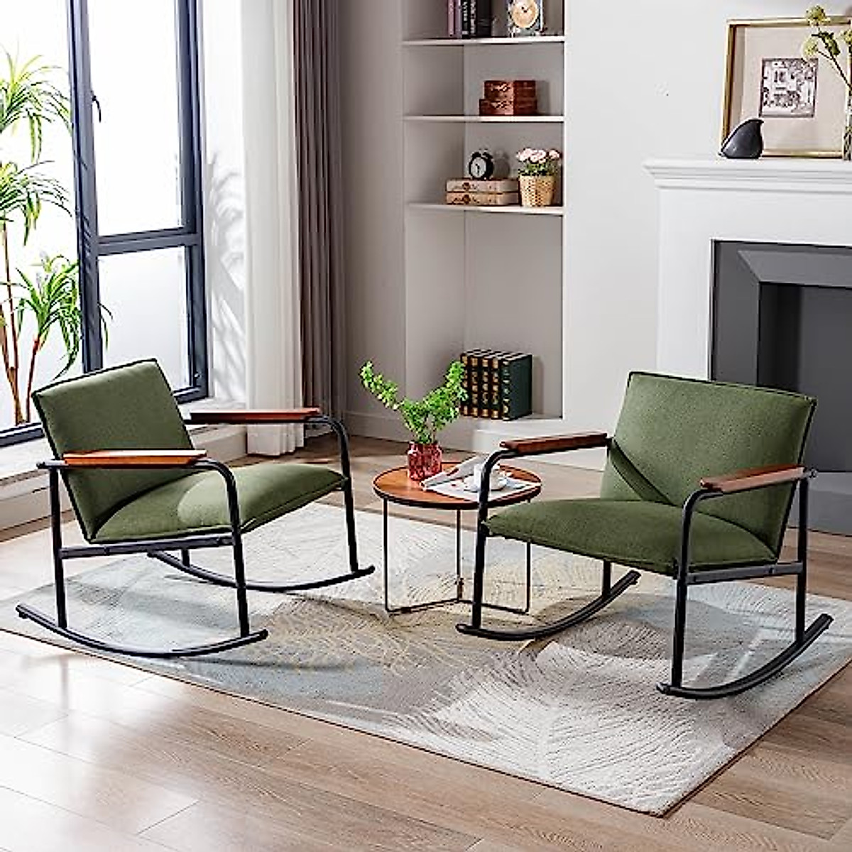 DUOMAY Modern Accent Rocking Chair Set of 2, Mid Century Upholstered Glider Rocker Armchair with Metal Base Linen Fabric Nursery Glider Chair with Wooden Grips for Living Room Bedroom, Green