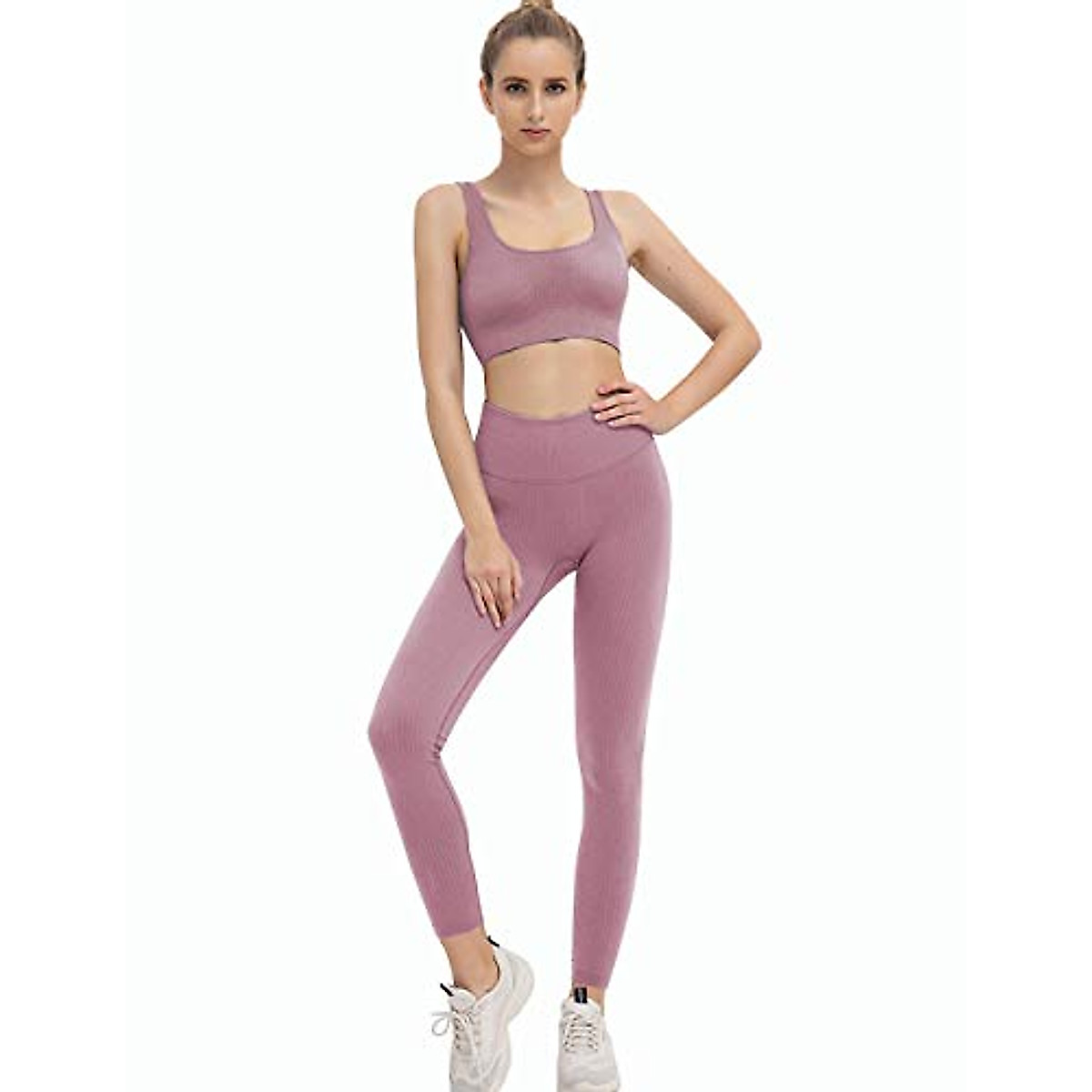 SUPJADE Buscando Ribbed Workout Outfits Sets for Women 2 Piece Seamless High Waist Athletic Leggings +Bras Yoga Outfits Two Piece (Light Purple, Large)