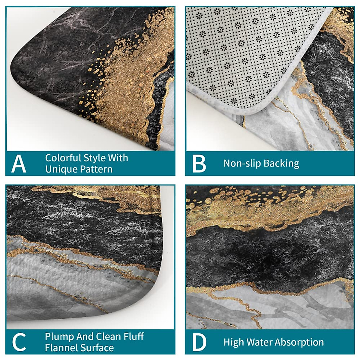 Harooni Marble Kitchen Mat 2 Pcs Anti Fatigue Black Gold Marble Kitchen Floor Mat Washable Water Absorbent Marble Look Kitchen Rugs for Bathroom Laundry Sink Kitchen Standing Mat