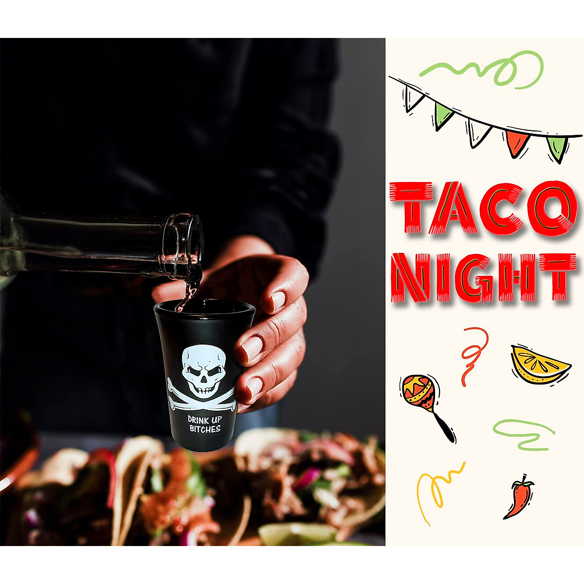 Jolly Roger Funny Pirate Shot Glasses Black with Skull and Crossbones (Drink Up Bs 2 Pack)