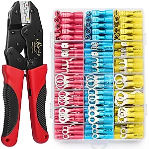 Sopoby Crimping Tool For Heat Shrink Connectors with 300PCS Marine Grade Heat Shrink Wire Connectors - Tinned Red Copper - Electrical Crimping Tool - AWG 22-10 Electrical Ring Fork Spade Splice