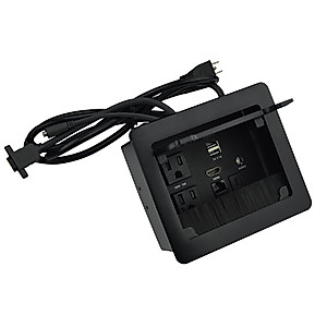 Tabletop Brush Flip Connectivity Box with 2 AC Power + 2 USB Charger + HDMI + 1 3.5mm Audio + USB-C Data + RJ45(cat6) for Conference Room (Black)