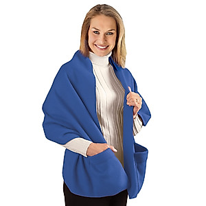 Collections Etc Cozy Fleece Wrap Shawl With Large Front Pockets - Keeps Hands and Shoulders Warm During Cold Winter Season, Royal Blue