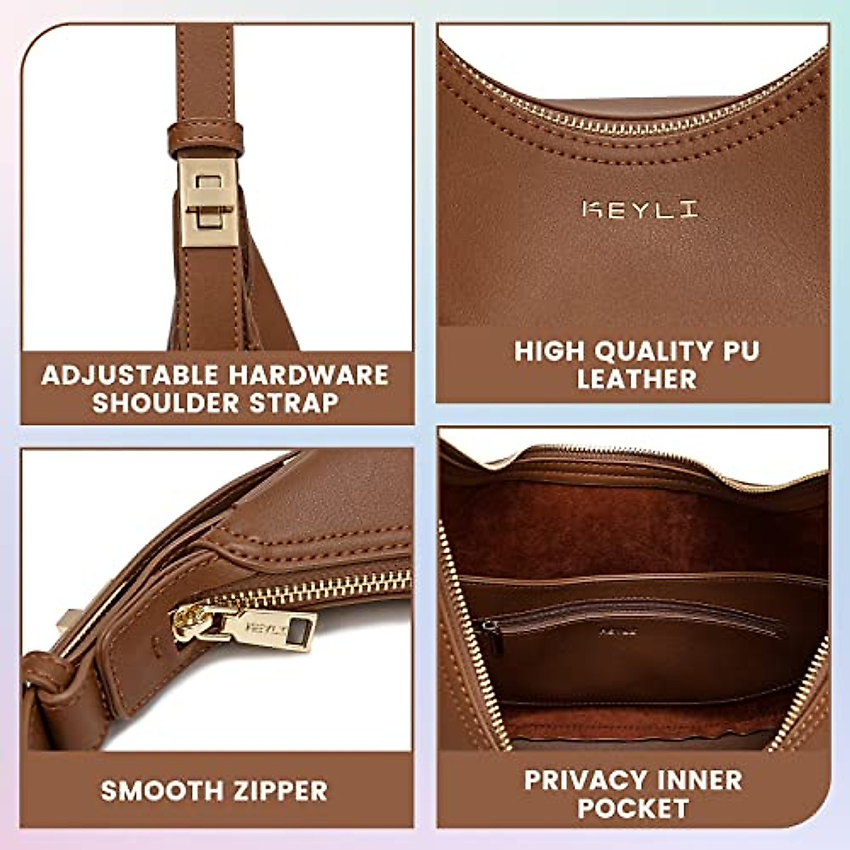 Keyli Shoulder Handbags for Women Waterproof Leather Small Clutch Purse Trendy Zipper Top Handle Bags Mini Purses Cute Tote Messenger Bags with Adjustable Strap Camel