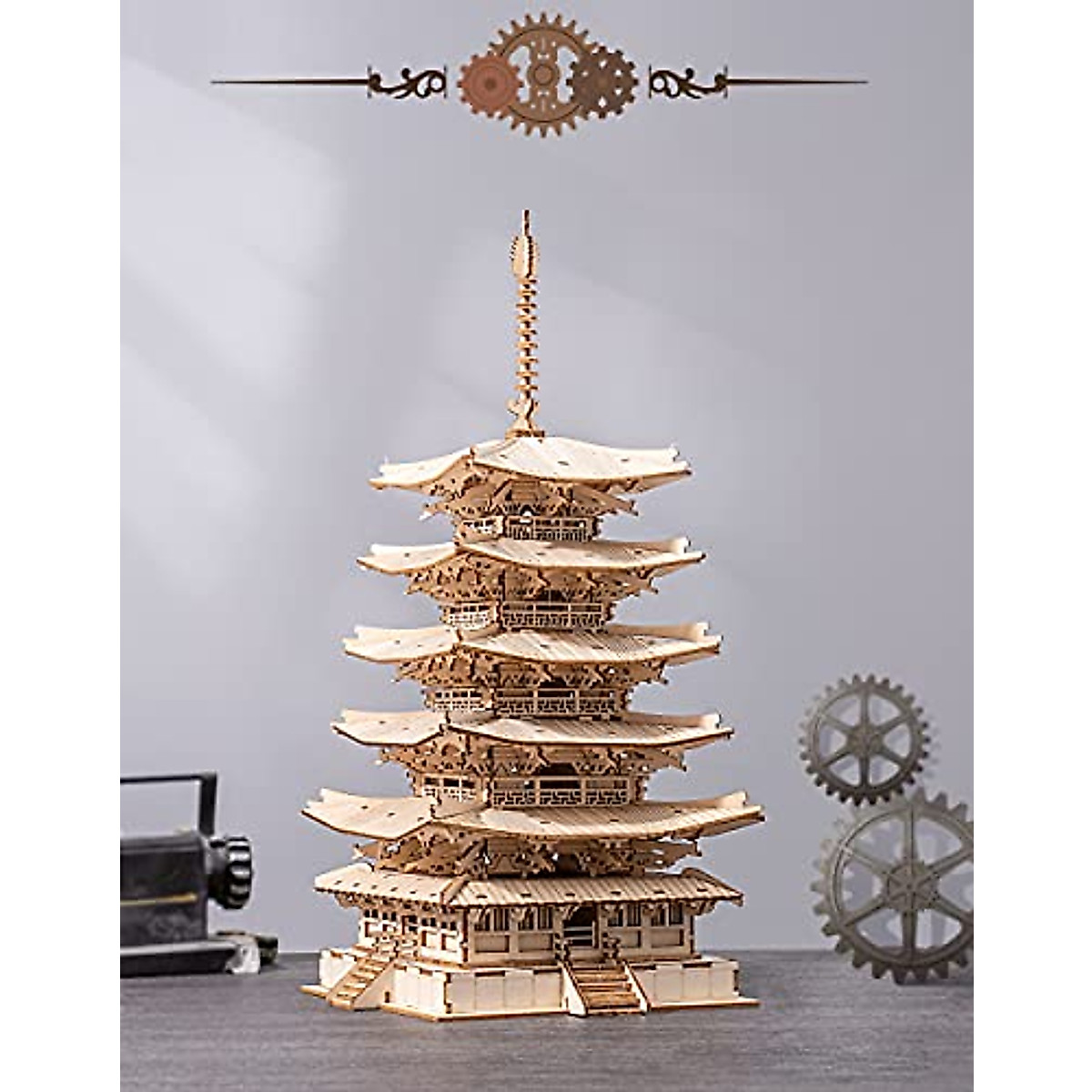 ROBOTIME 3D Puzzle Wooden Craft Kits for Adults DIY Model Building Kit Best Gift for Kids (Five-Storied Pagoda)