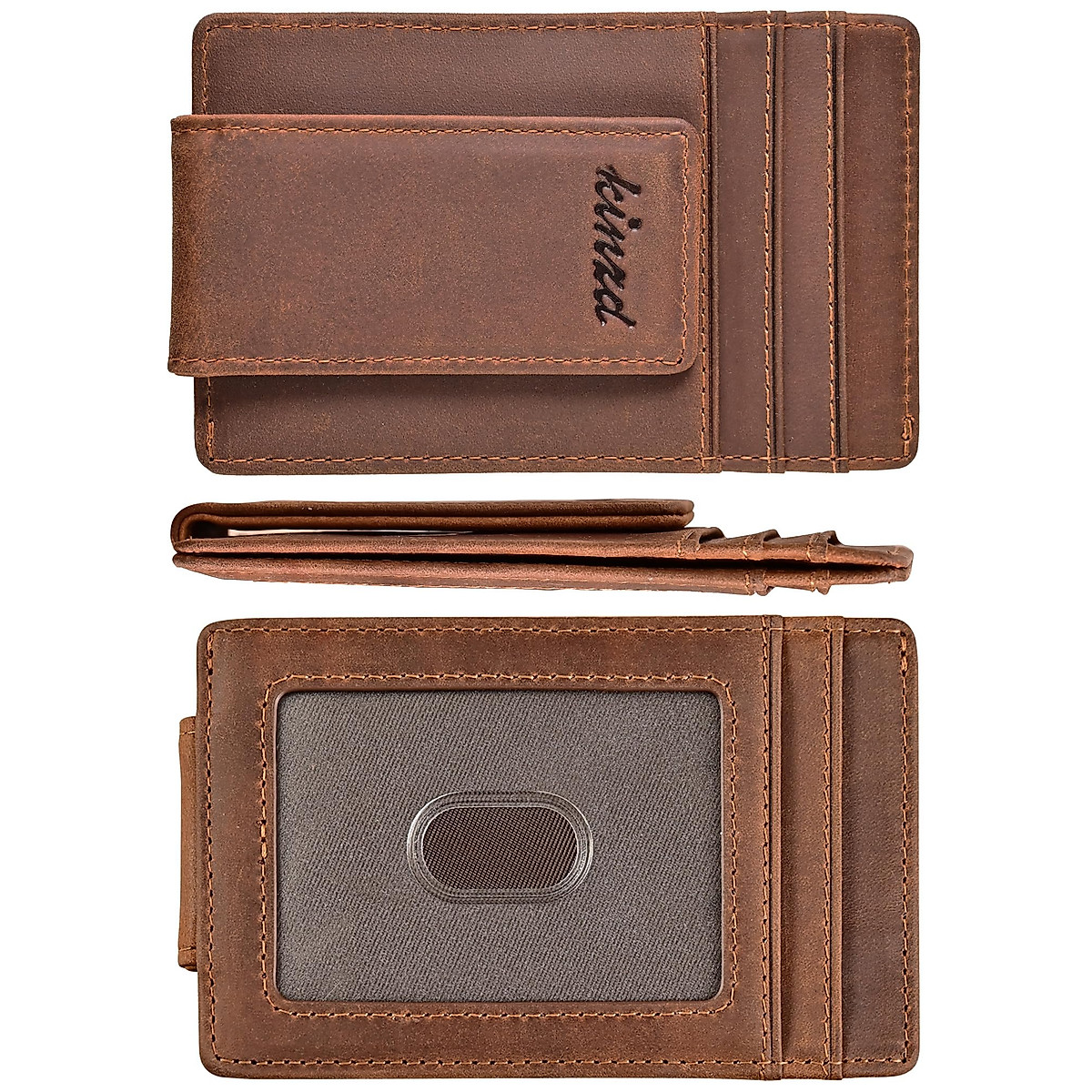 Money Clip, Front Pocket Wallet, Leather RFID Blocking Strong Magnet thin Wallet (one size,Khaki (Id Window Crazy Horse Leather))
