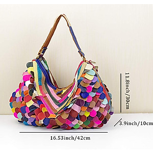 Segater® Women’s Full Sheepskin Tobo Bag Multicolour Patchwork Shoulder Bag 3D Leaf Stripe Pattern Colorful Tassel Handbag Purses Multicoloured