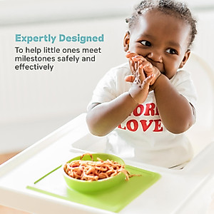 ezpz Mini Bowl for 12 Months+ (Lime) - 100% Silicone Suction Bowl with Built-in Placemat for Toddlers - Comes with a Reusable Travel Bag