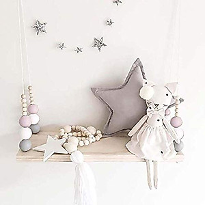 Baost Nordic Wood Beads Wall Hanging Shelf Board Wood Jute Rope Floating Shelves Hanging Storage Shelves Kids Room Nursery Wall Display Shelves Bedroom Organizer Pink White Grey