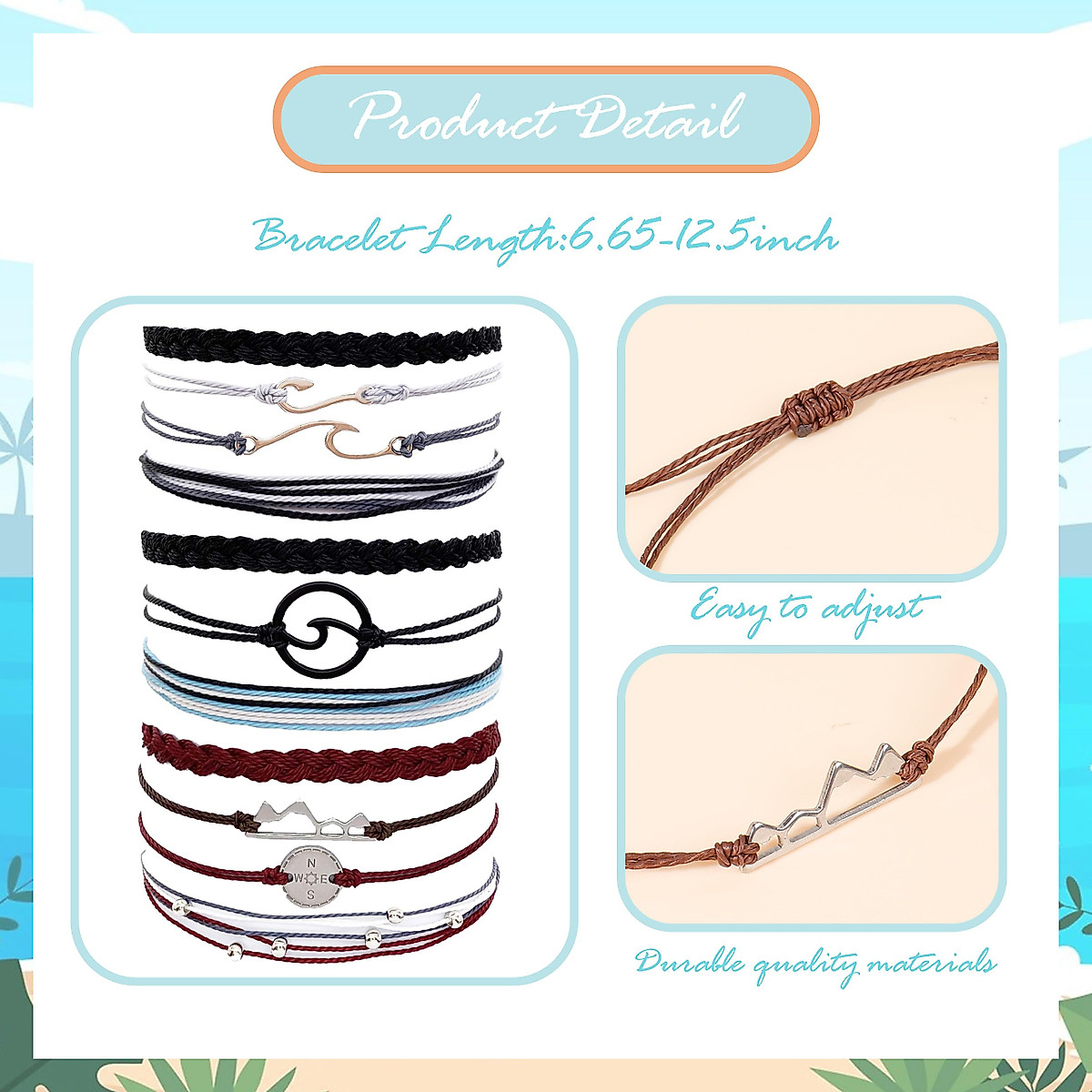 HUASAI Vsco String Bracelets for Teen Girls Women Waterproof Boho Rope Bracelets Wave Surfer Bracelets Summer Beach Anklets