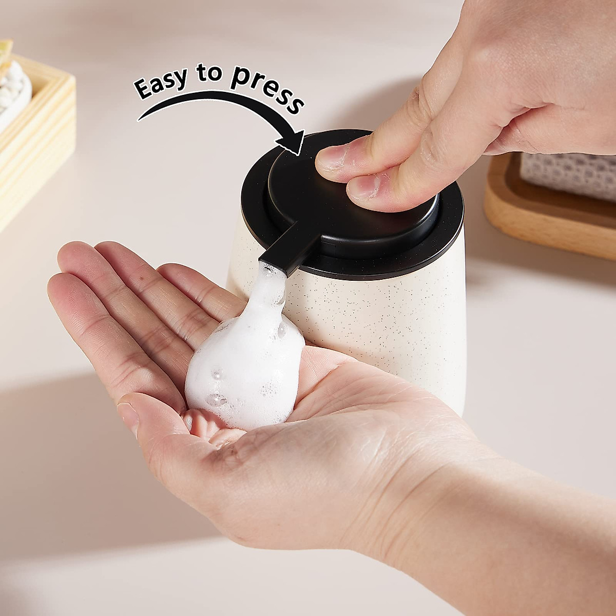 12Oz Foaming Hand Soap Dispenser - Ceramic Bathroom Foam Soap Dispenser with Easy-to-Press Black Pump, Refillable Lotion Hand Soap Dispenser, Dish Soap Dispenser for Kitchen, Speckled Matte Beige