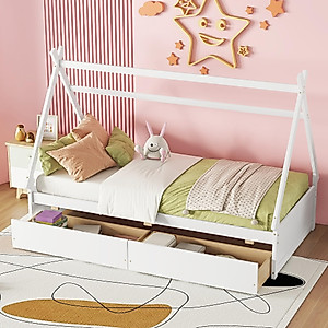 Linique Twin Size Tent Floor Bed with Two Drawers,Wooden Twin Platform Bed Frame Teepee Bed,White