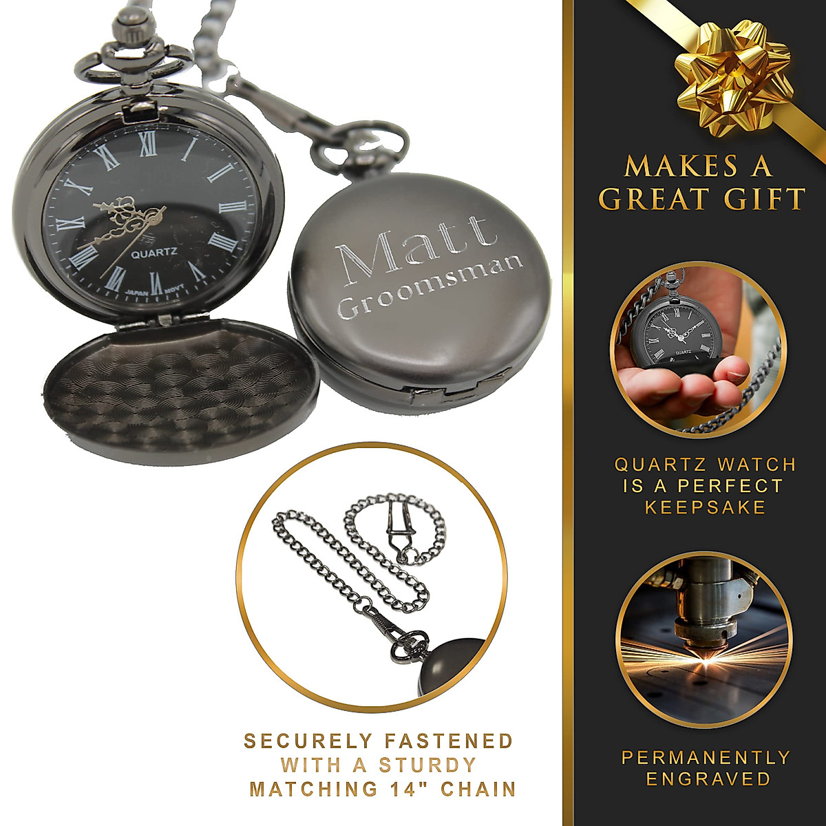 My Personal Memories, Personalized Gunmetal Gray, Black or Silver Quartz Pocket Watch with Chain - Groomsmen Wedding Party - Engraved (Gunmetal Gray)