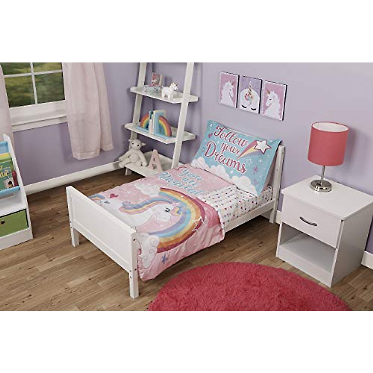 Baby Boom Funhouse Unicorn Love 4 Piece Toddler Bedding Set – Includes Comforter, Sheet Set – Fitted + Top Sheet + Reversible Pillowcase for Girls Bed, Pink