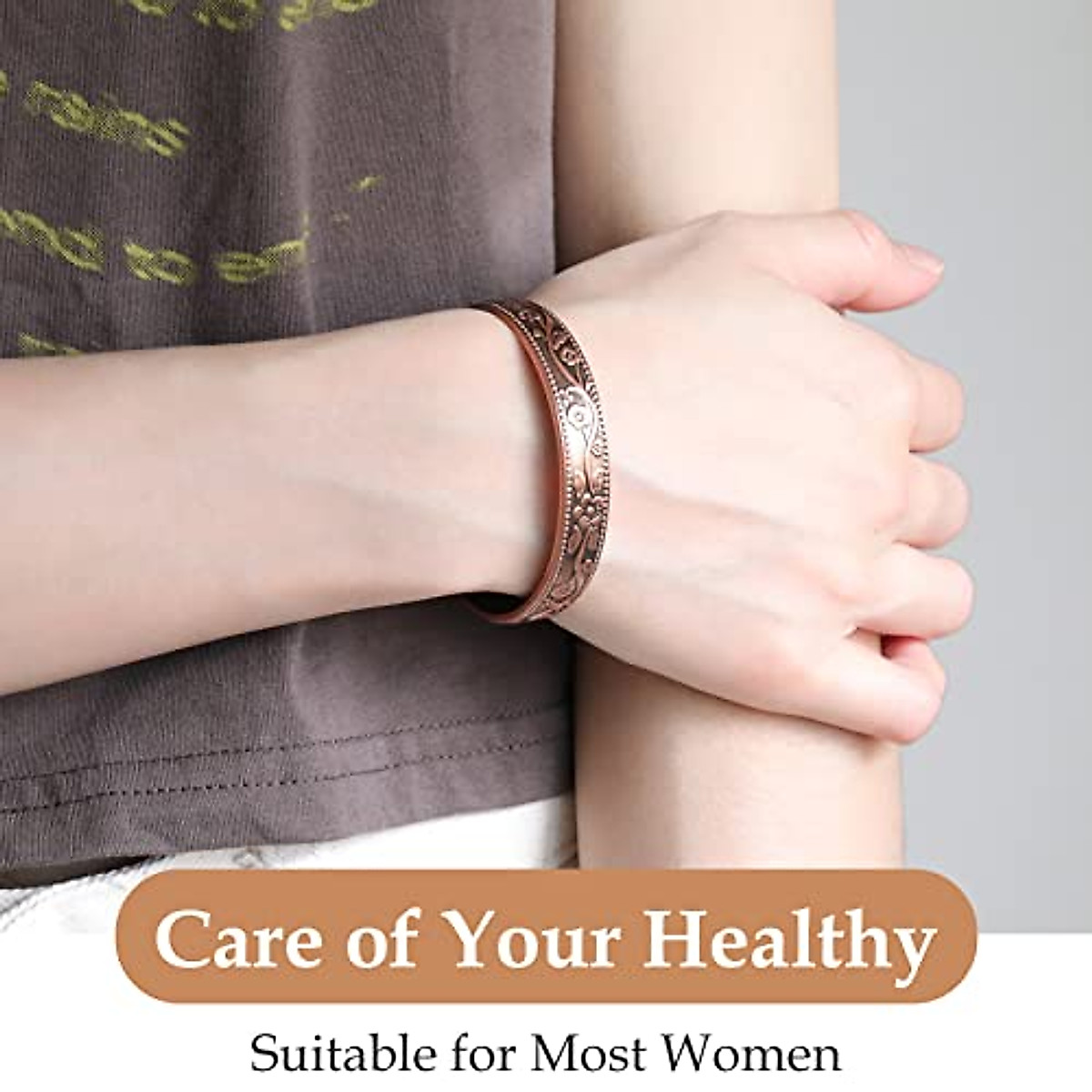 Jecanori Magnetic Copper Bracelet and Copper Ring for Women Men,Vintage Flower Wristband Brazaletes Magnetic Field Therapy Gifts