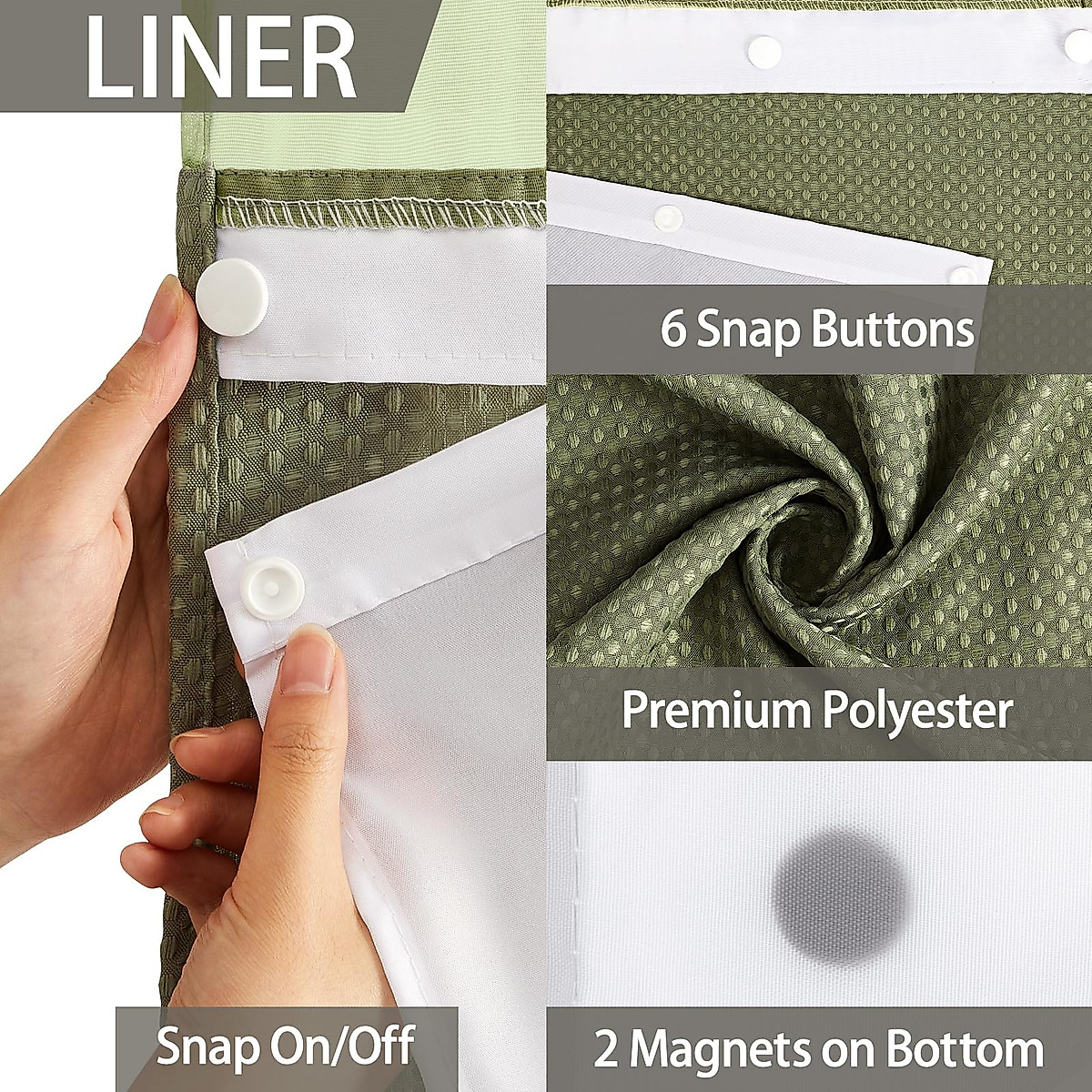 Yuanice No Hooks Needed Waffle Fabric Stall Shower Curtain 36x72 with Snap in Liner,Sage Green Narrow Shower Curtain Set with See Through Top Window Hotel Grade Decorative Spa Like Bath Curtain.